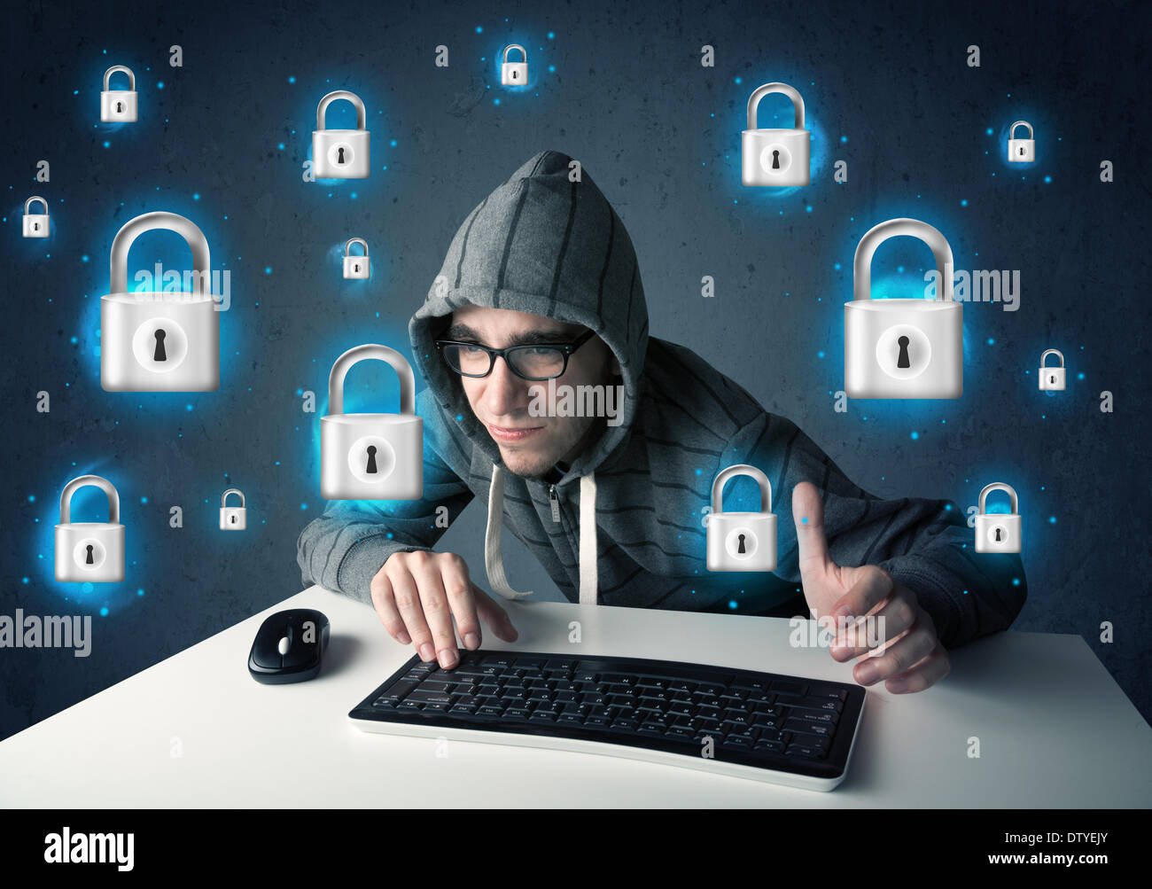 Young hacker with virtual lock symbols and icons Stock Photo - Alamy