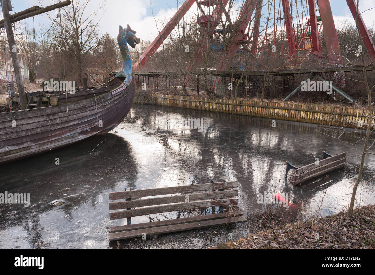 Abandoned derelict recreational forgotten amusement fun park with ruins ...