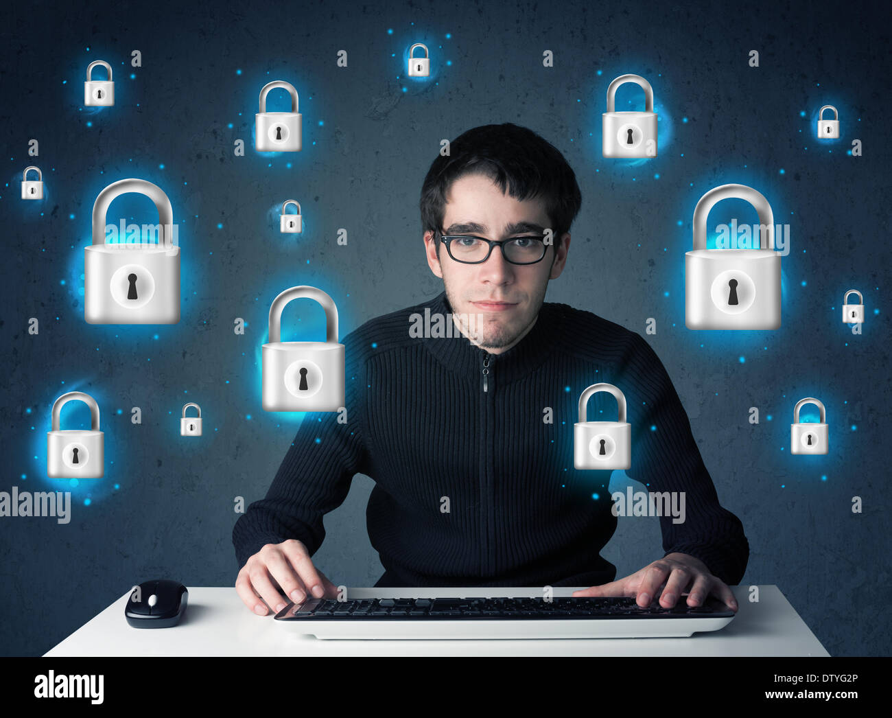 Young hacker with virtual lock symbols and icons Stock Photo - Alamy