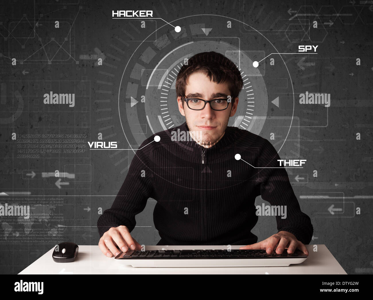 Young hacker in futuristic enviroment hacking personal information ...
