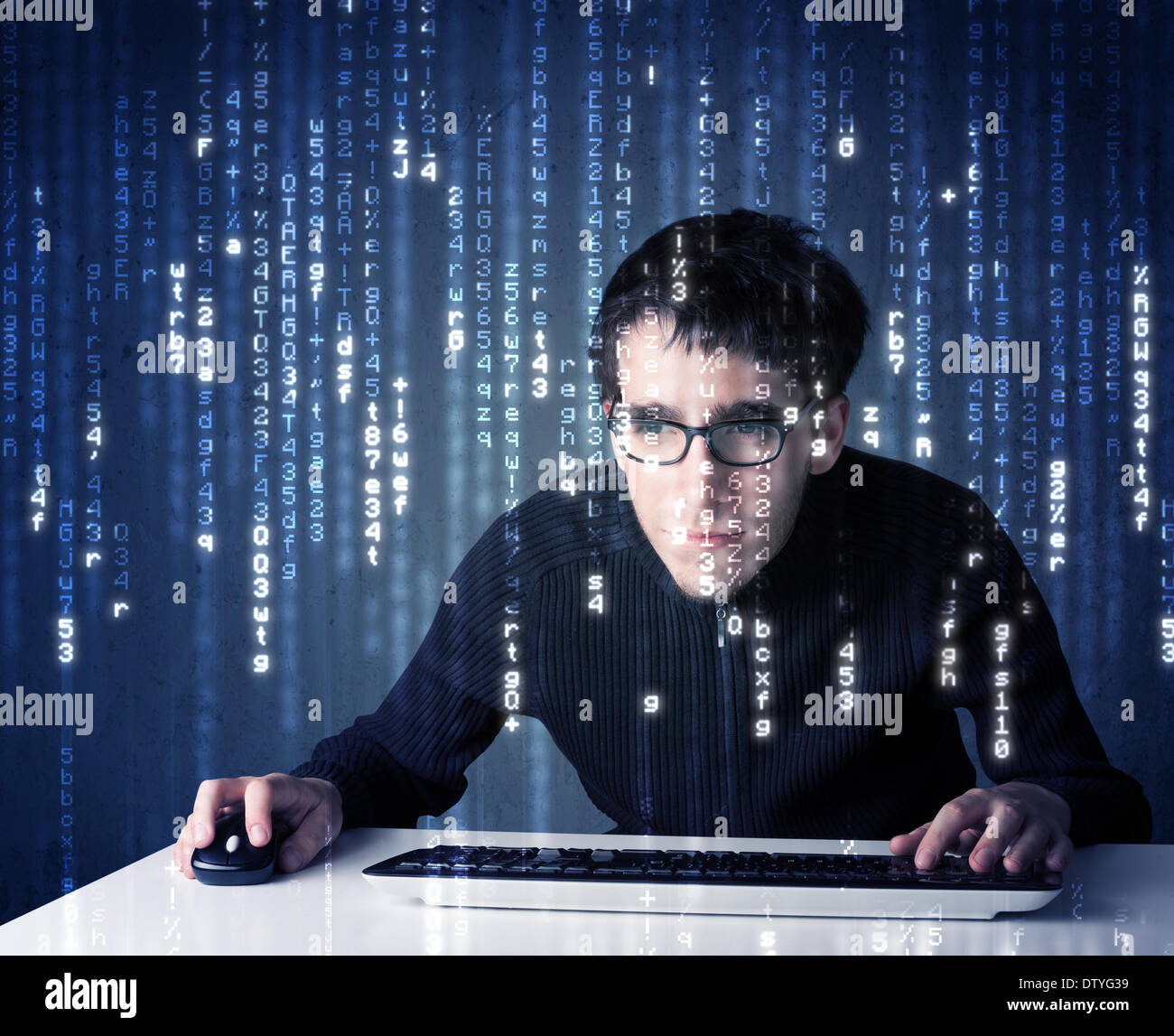 Hacker decoding information from futuristic network technology Stock ...