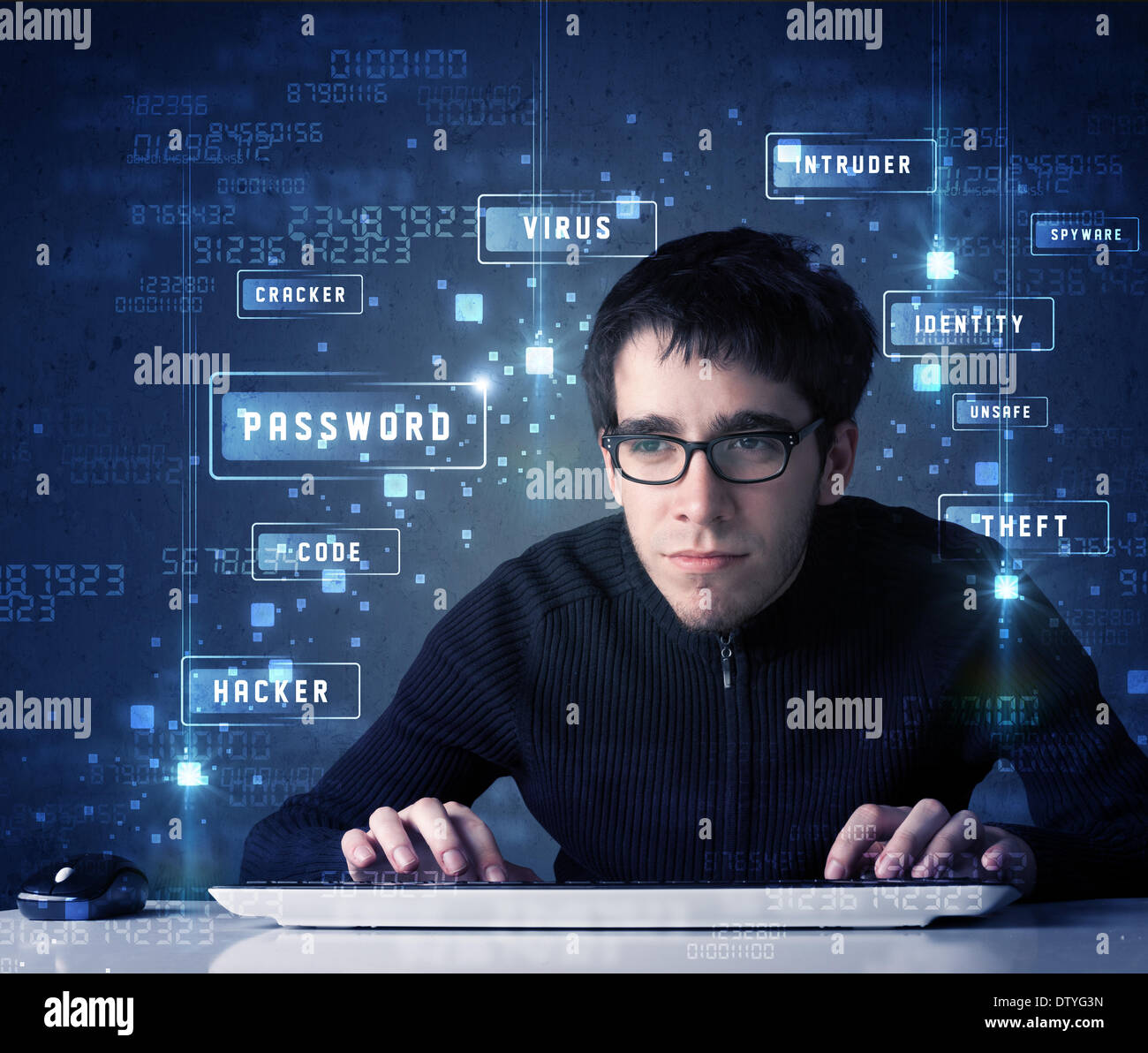 Hacker programing in technology enviroment with cyber icons Stock Photo ...