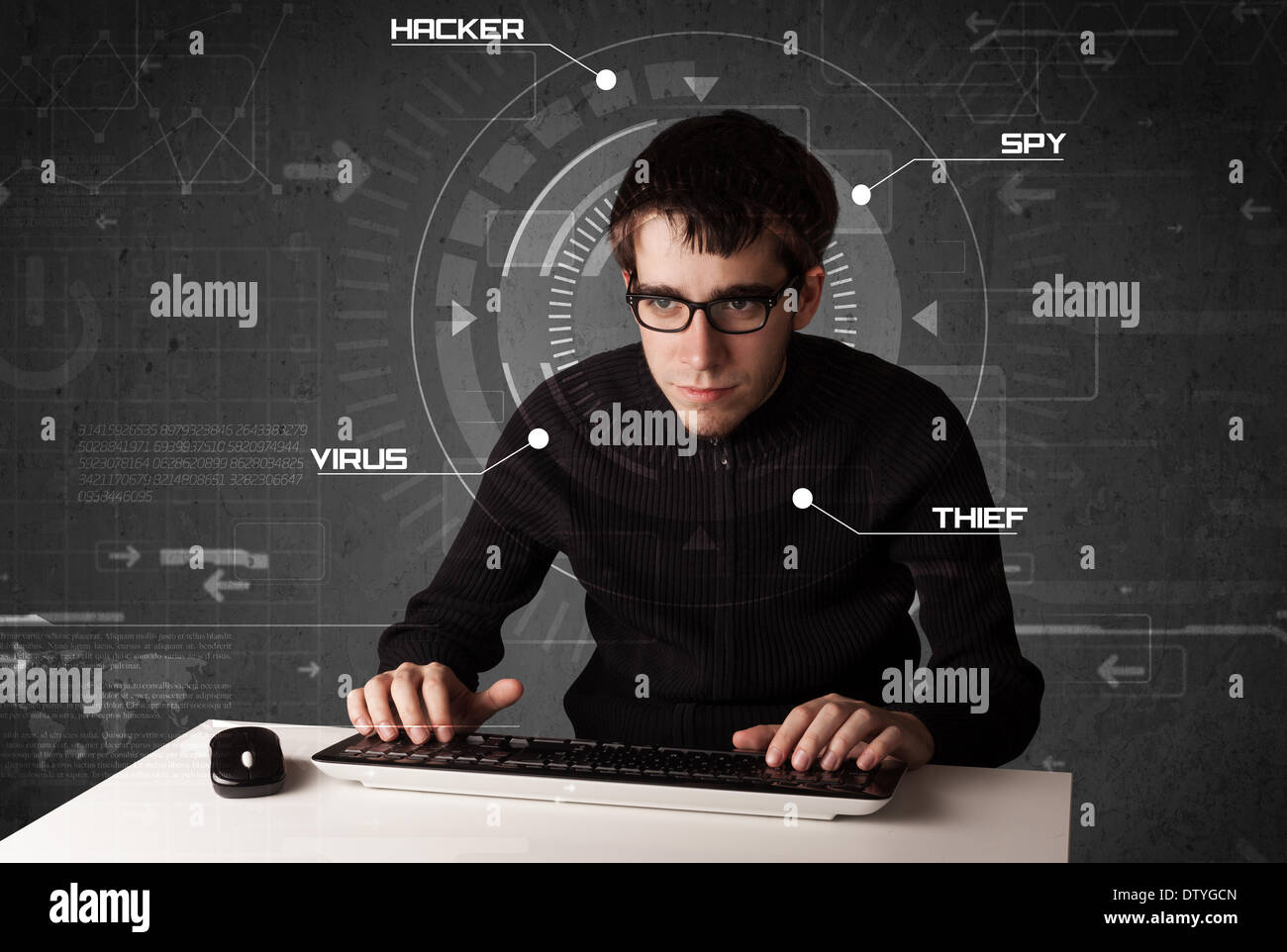 Young hacker in futuristic enviroment hacking personal information ...