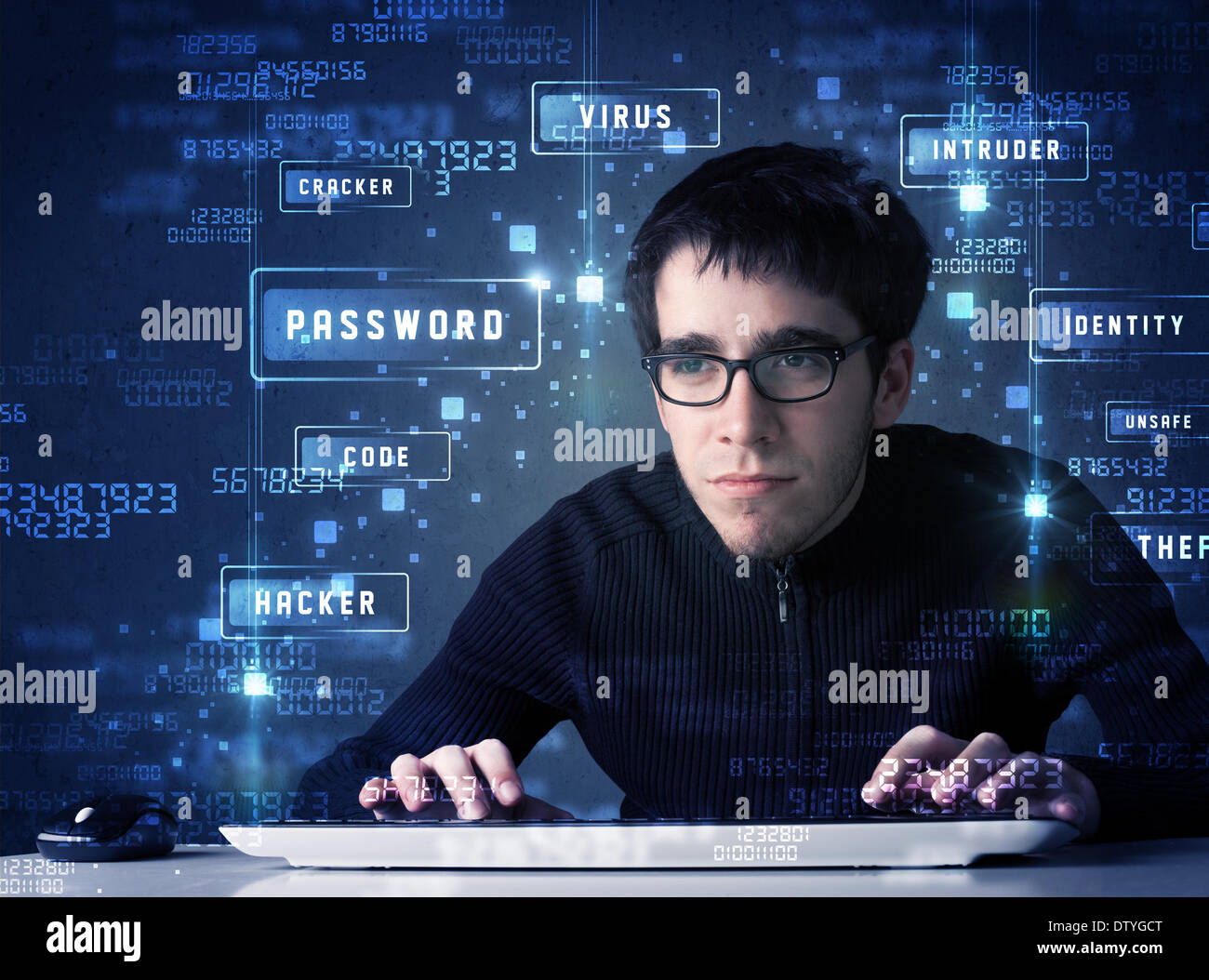 Hacker programing in technology enviroment with cyber icons Stock Photo - Alamy