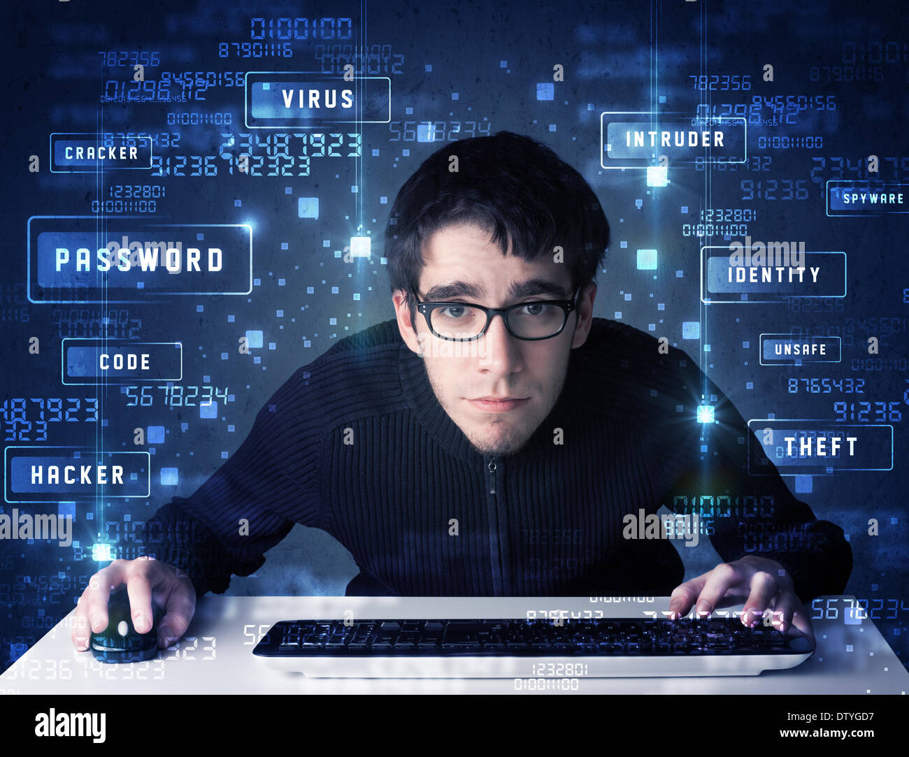Hacker programing in technology enviroment with cyber icons Stock Photo ...