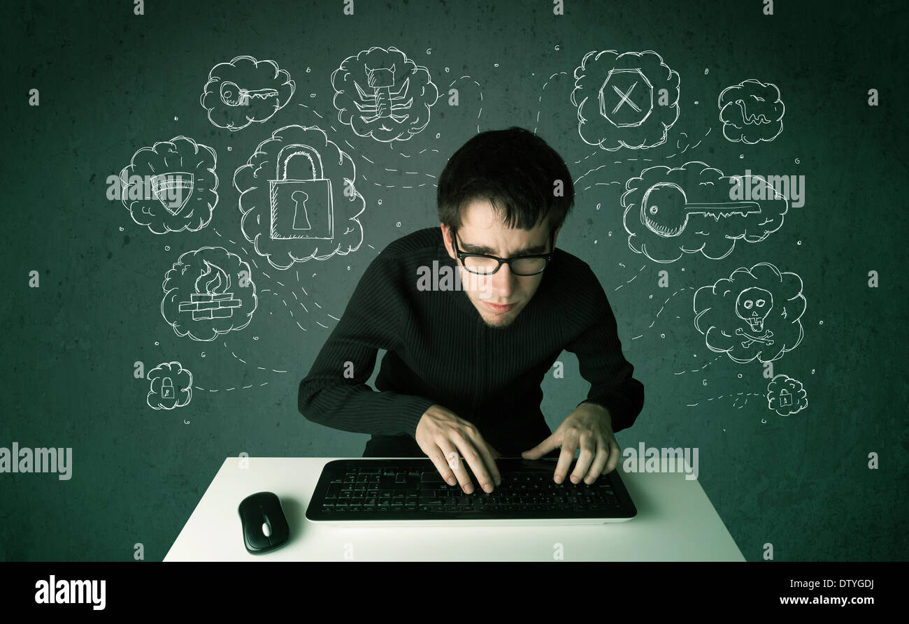 Young nerd hacker with virus and hacking thoughts Stock Photo - Alamy