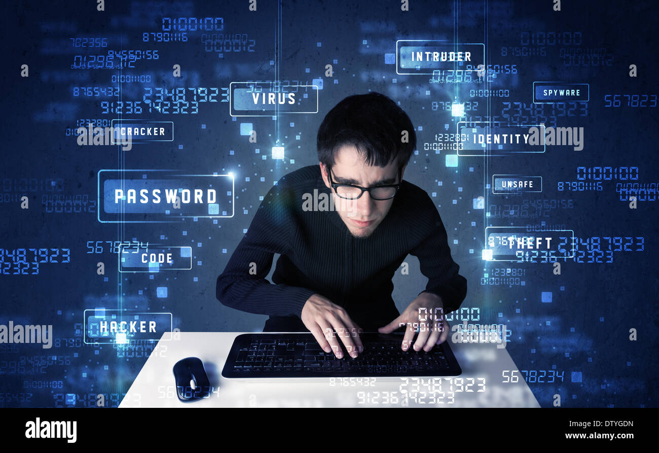 Hacker programing in technology enviroment with cyber icons Stock Photo ...