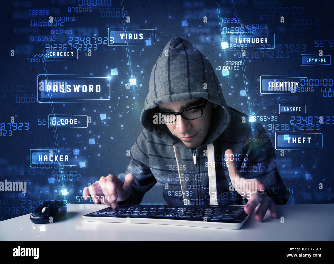 Hacker programing in technology enviroment with cyber icons Stock Photo ...
