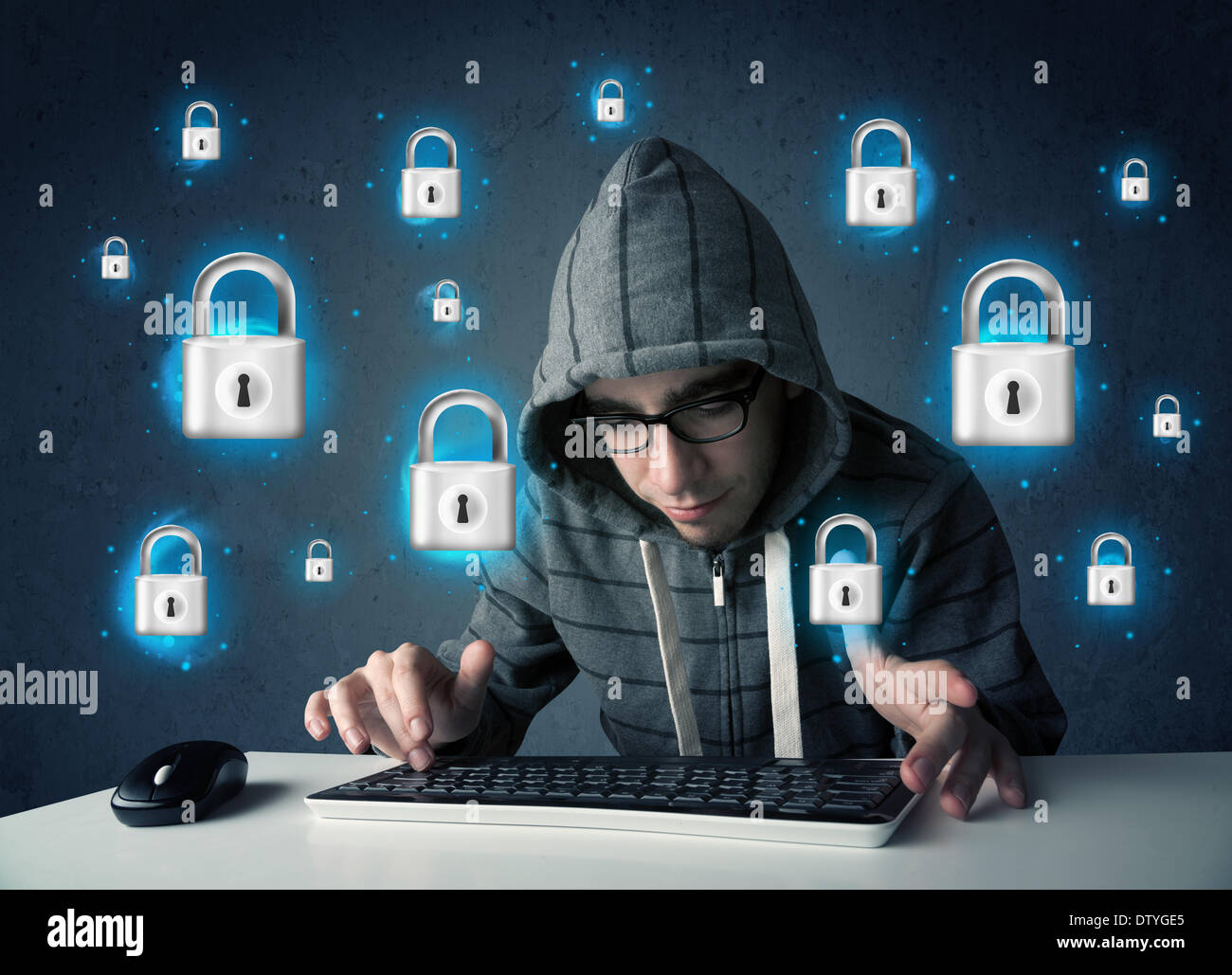 Young hacker with virtual lock symbols and icons Stock Photo - Alamy