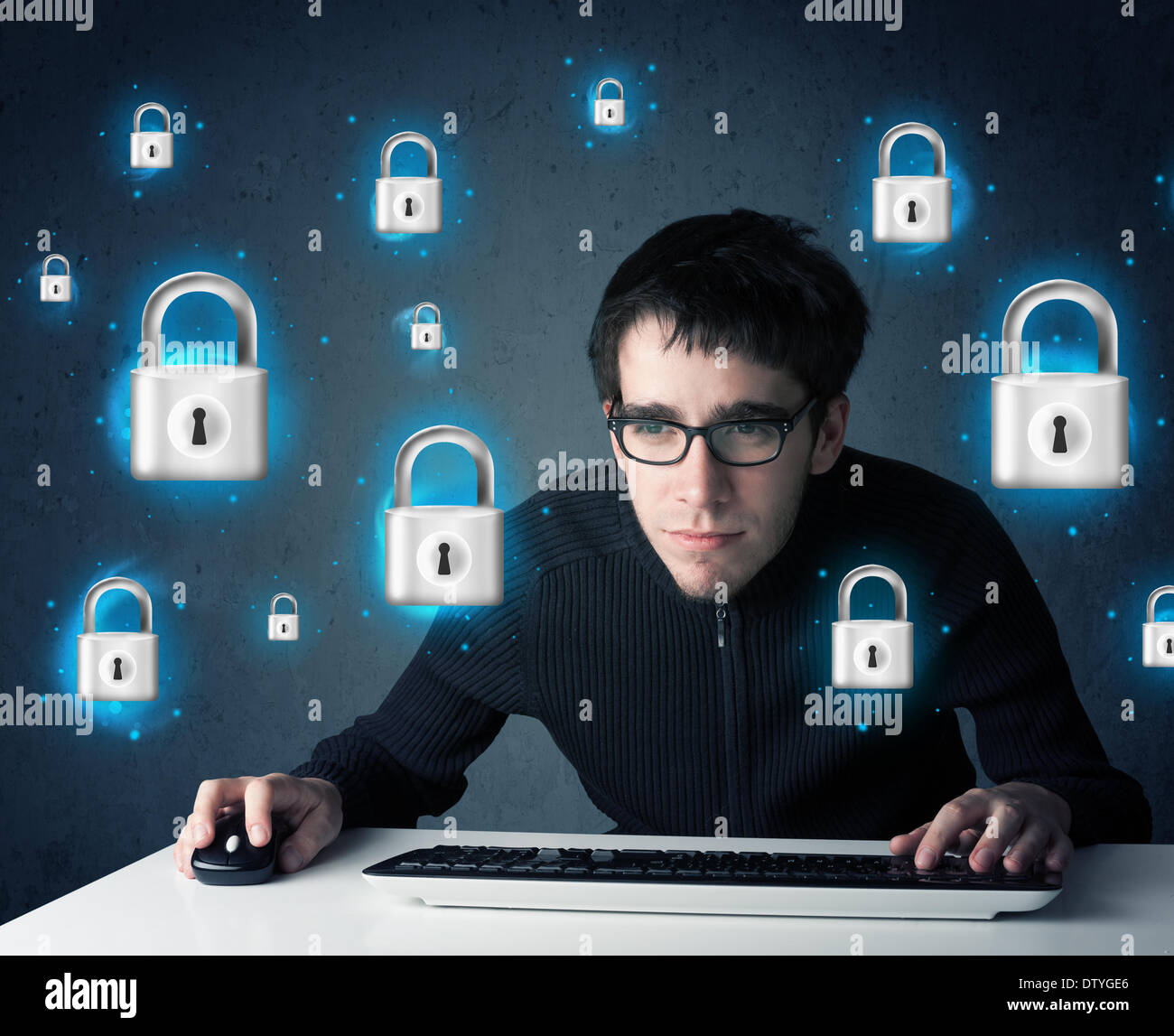 Young hacker with virtual lock symbols and icons Stock Photo - Alamy
