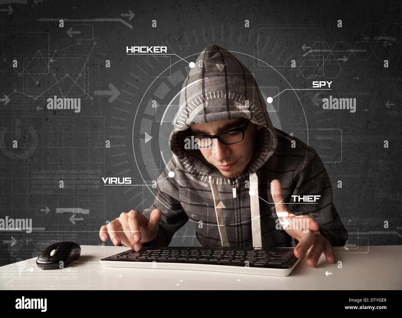 Young hacker in futuristic enviroment hacking personal information ...
