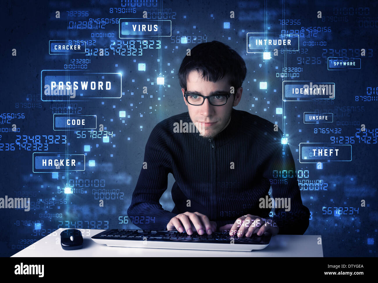 Hacker programing in technology enviroment with cyber icons Stock Photo ...