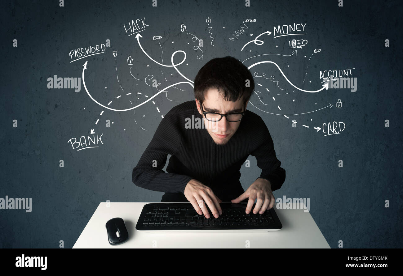 Young hacker with white drawn line thoughts Stock Photo - Alamy