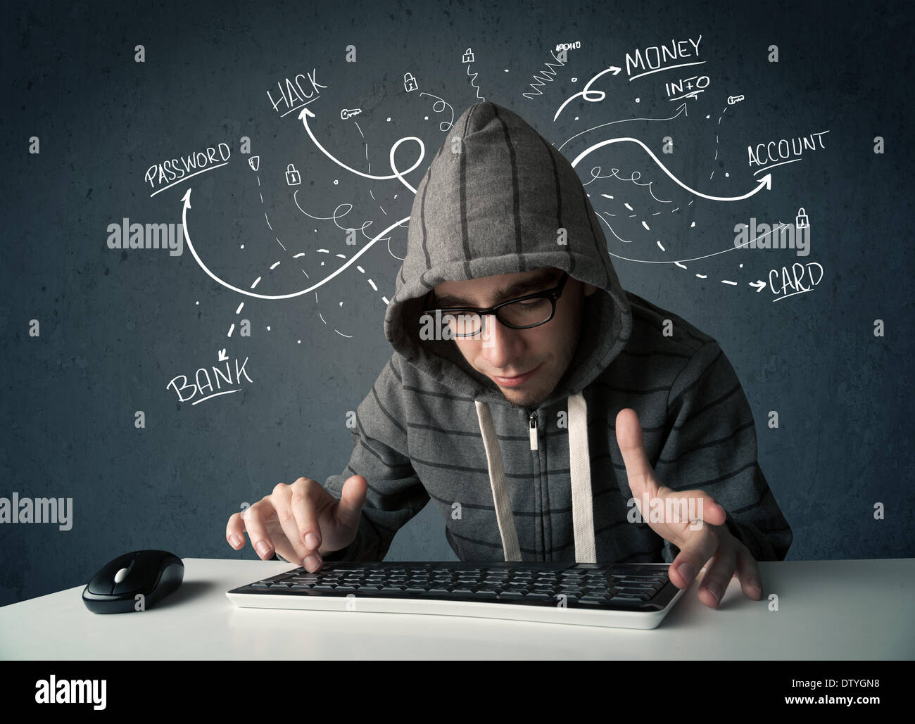 Young hacker with white drawn line thoughts Stock Photo - Alamy