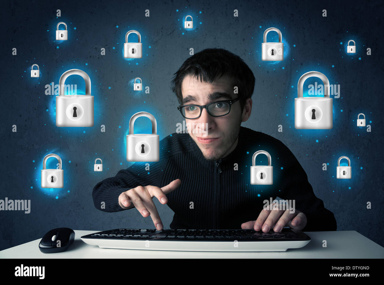 Young hacker with virtual lock symbols and icons Stock Photo - Alamy