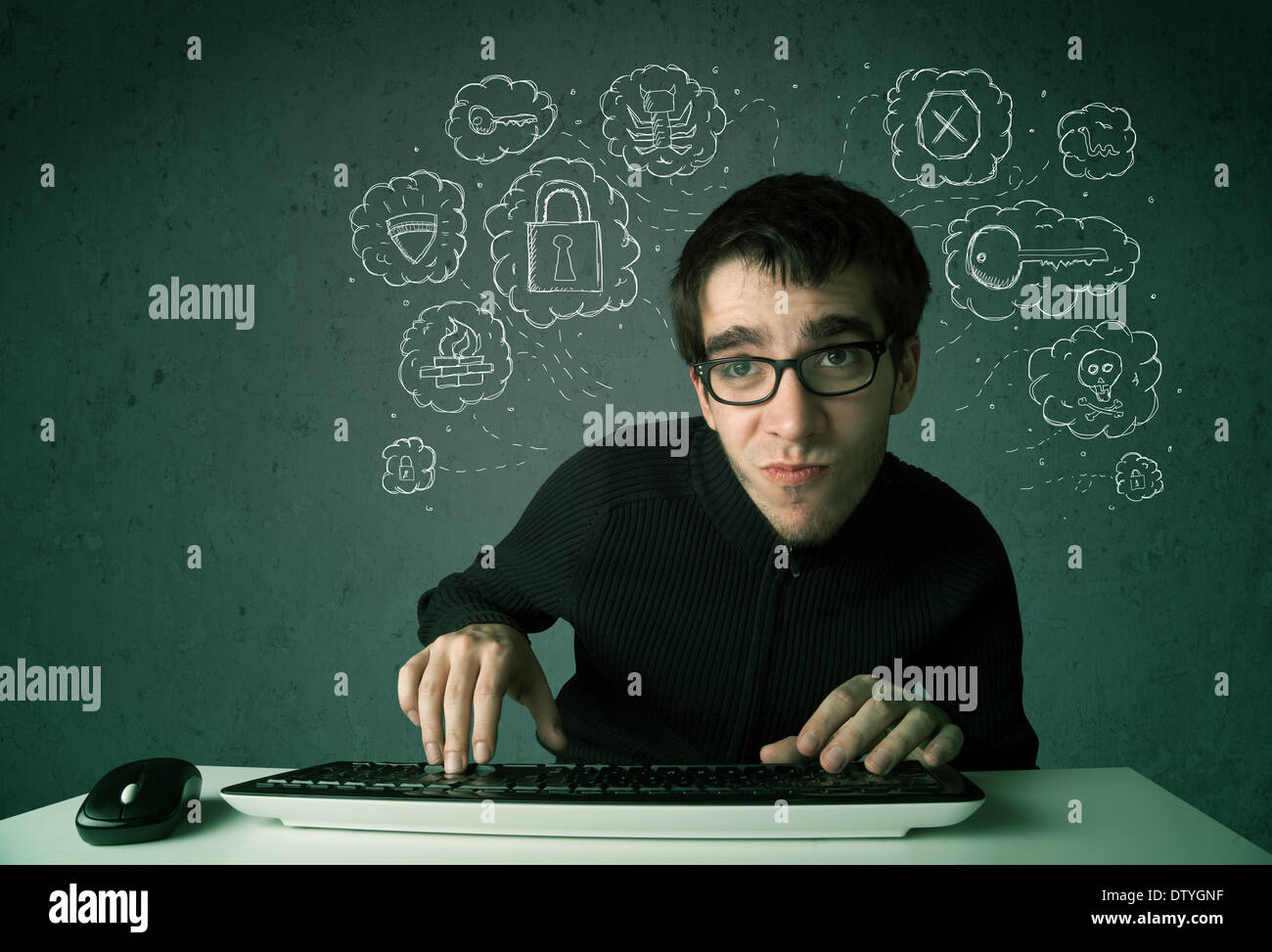 Young nerd hacker with virus and hacking thoughts Stock Photo - Alamy