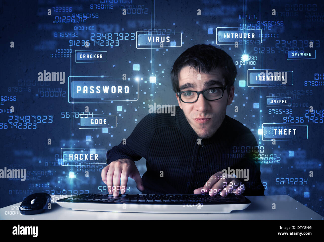 Hacker programing in technology enviroment with cyber icons Stock Photo ...