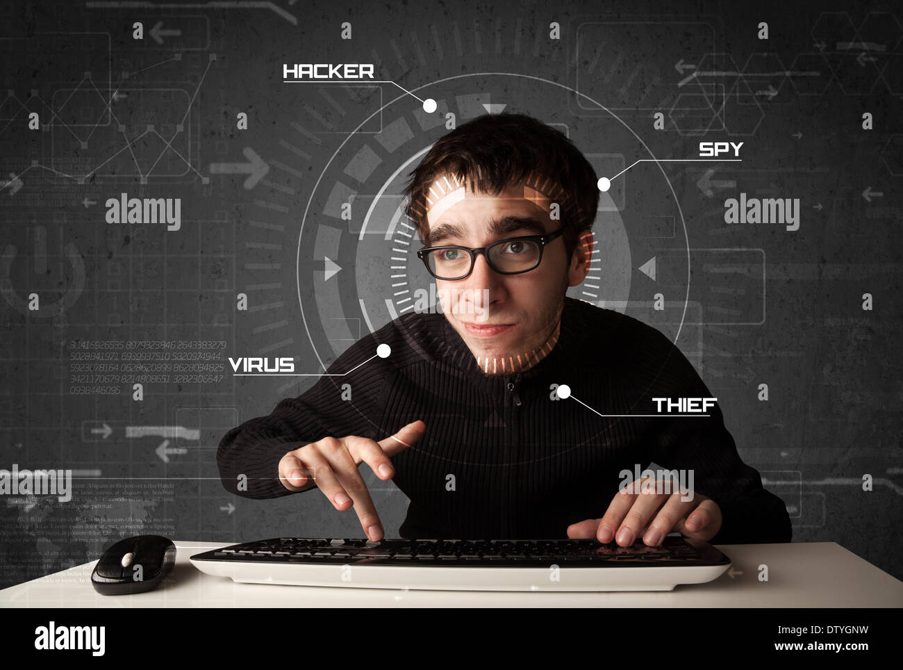 Young hacker in futuristic enviroment hacking personal information ...