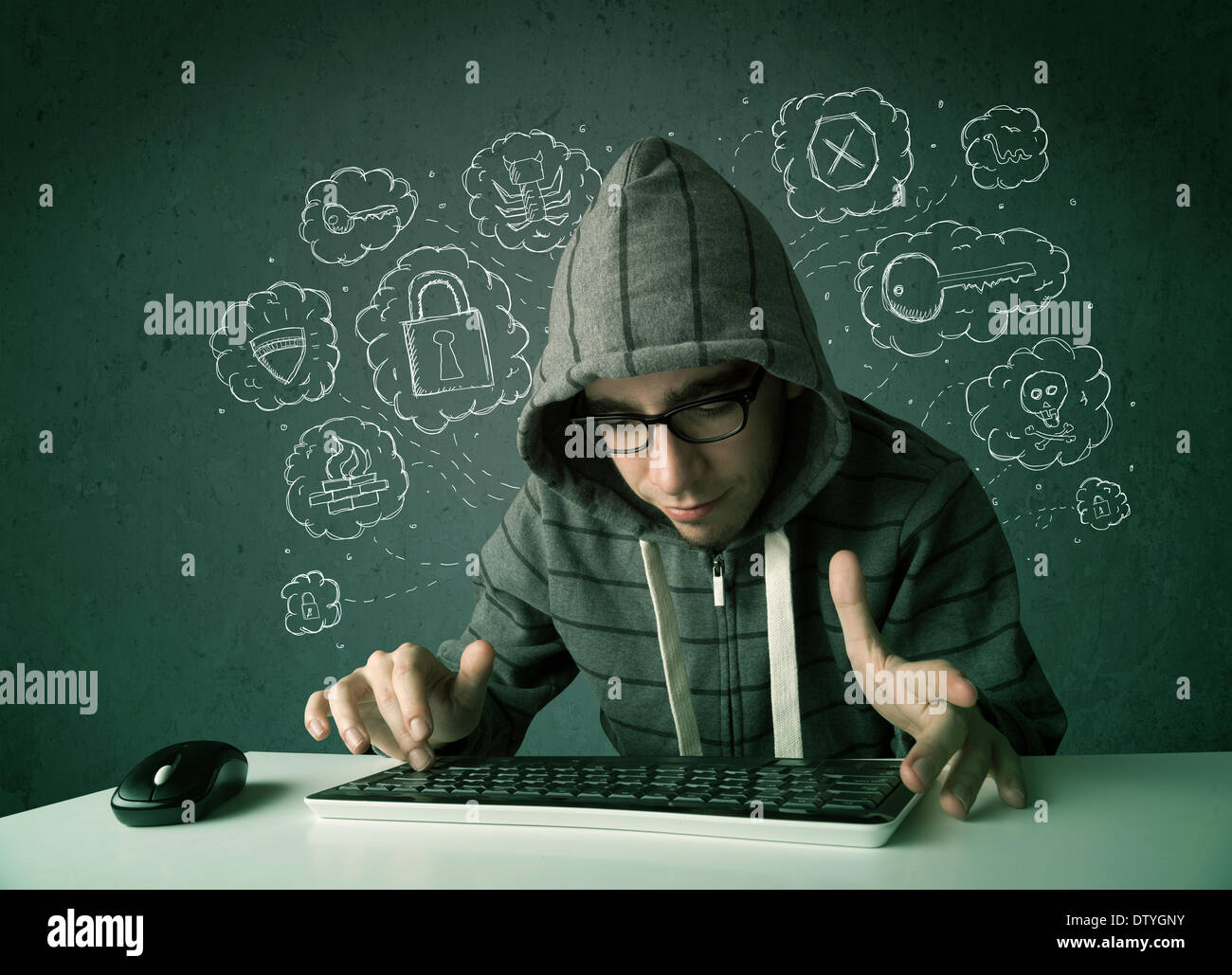 Young nerd hacker with virus and hacking thoughts Stock Photo - Alamy