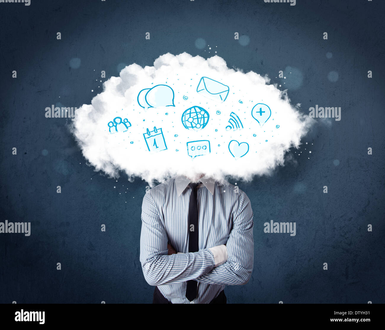 Man in suit with cloud head and blue icons Stock Photo - Alamy