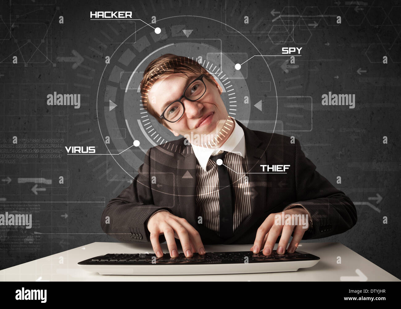 Young hacker in futuristic enviroment hacking personal information ...