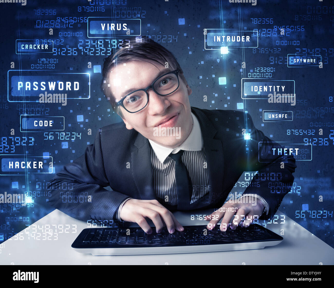 Hacker programing in technology enviroment with cyber icons Stock Photo ...
