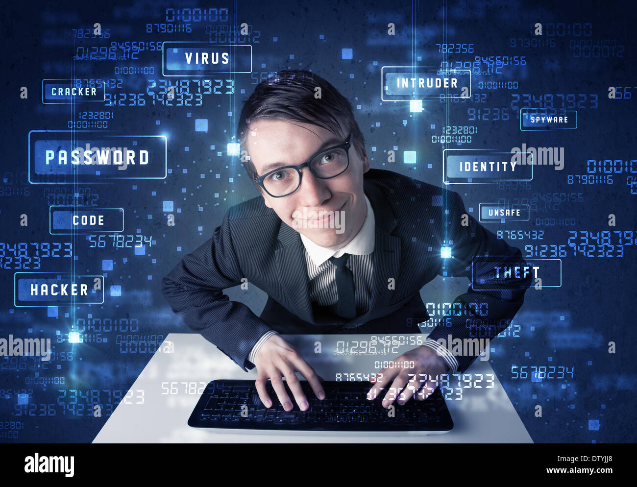 Hacker programing in technology enviroment with cyber icons Stock Photo ...