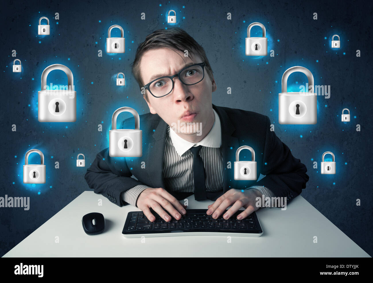 Young hacker with virtual lock symbols and icons Stock Photo - Alamy