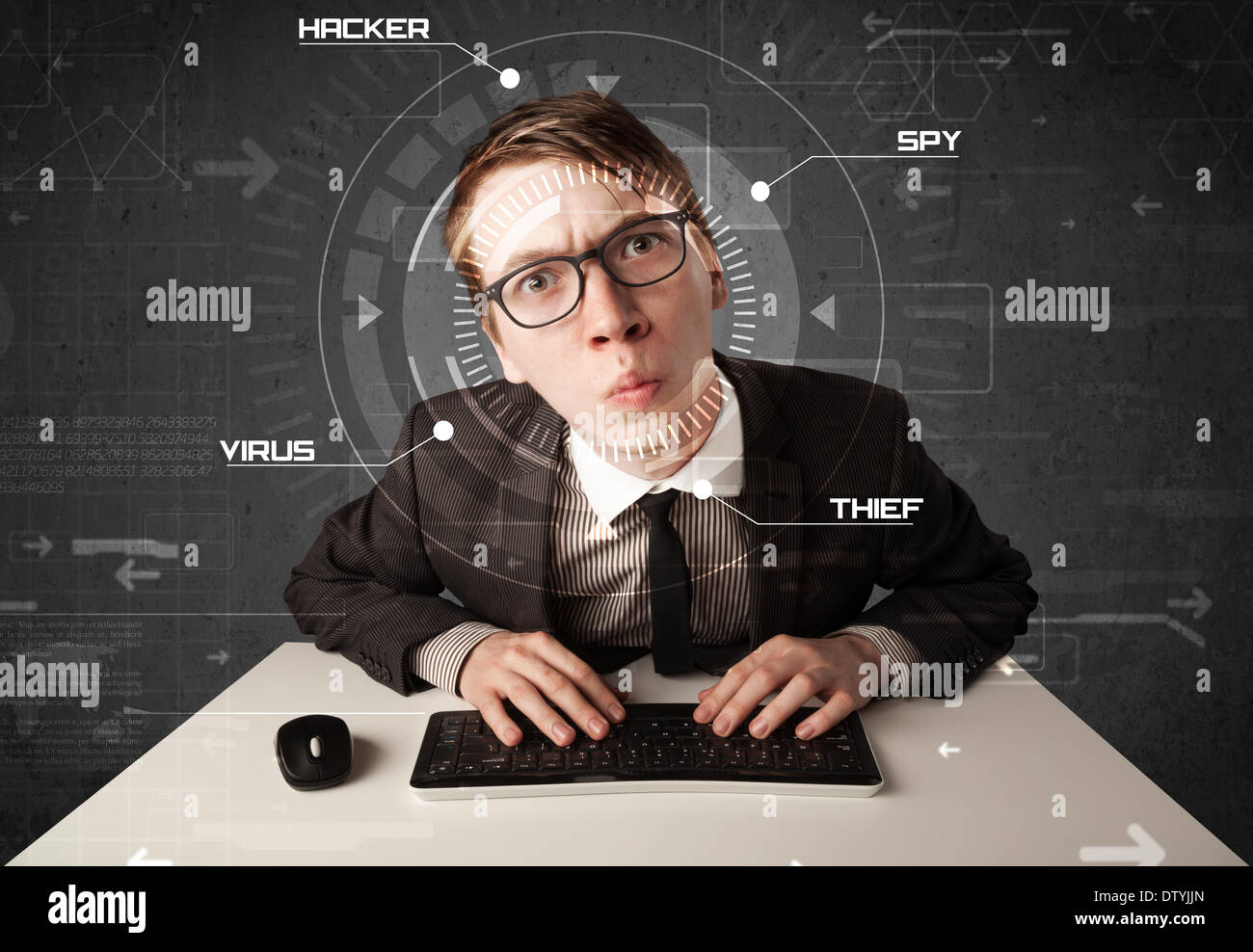 Young hacker in futuristic enviroment hacking personal information ...