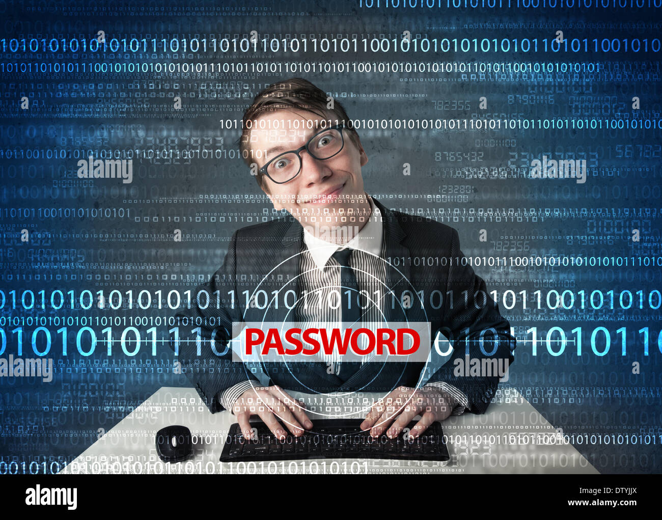 Young geek hacker stealing password Stock Photo - Alamy