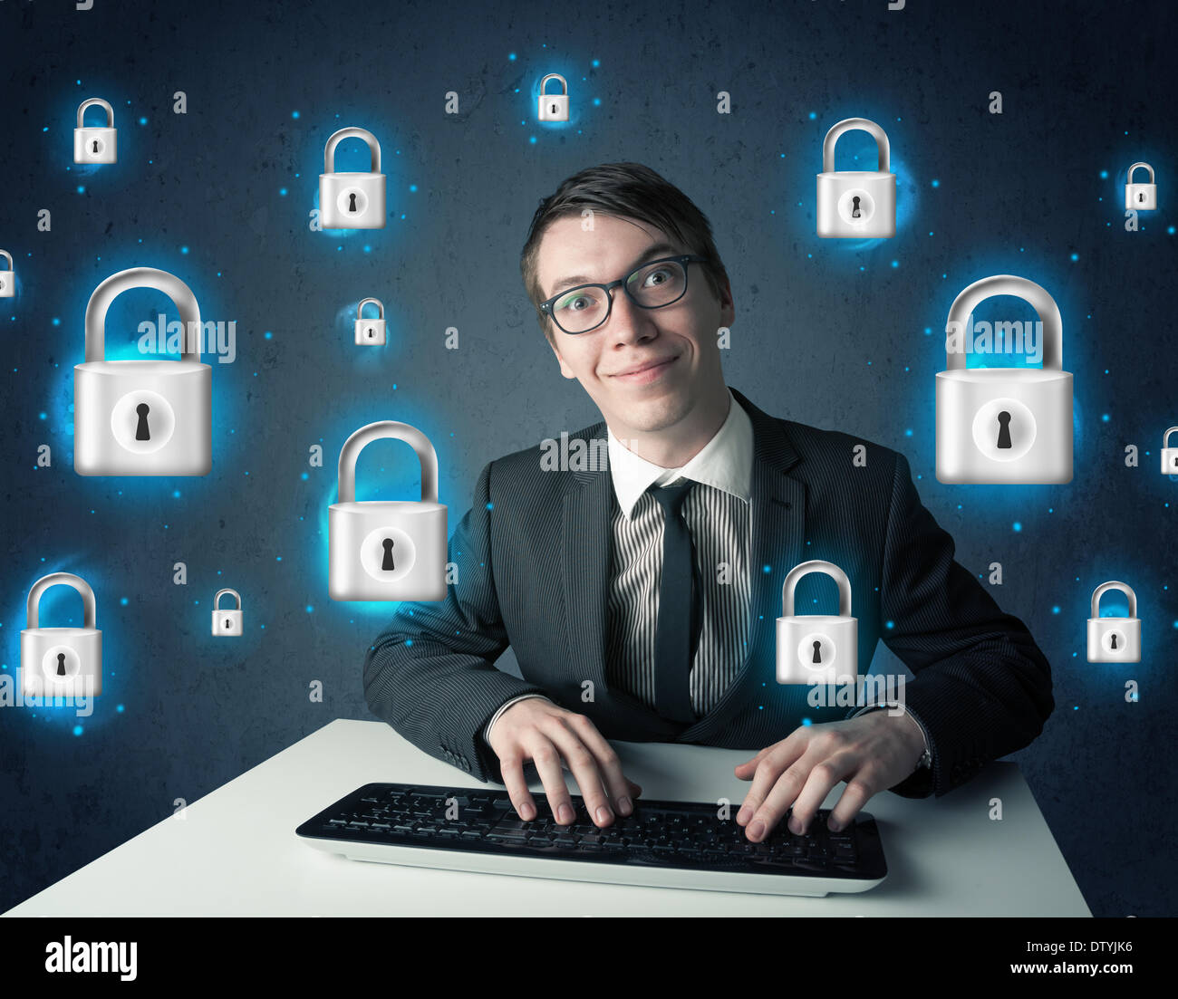 Young hacker with virtual lock symbols and icons Stock Photo - Alamy