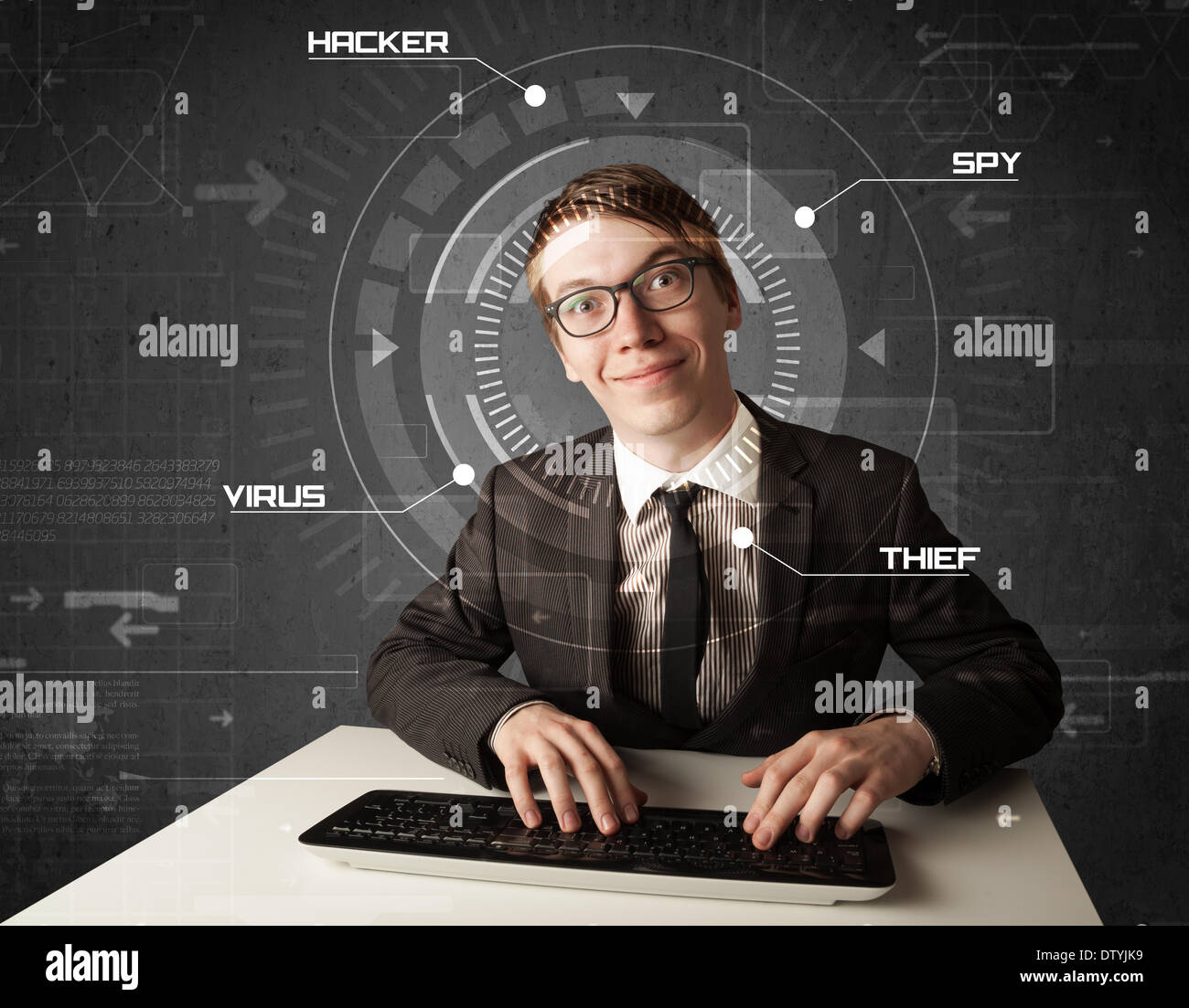 Young hacker in futuristic enviroment hacking personal information ...