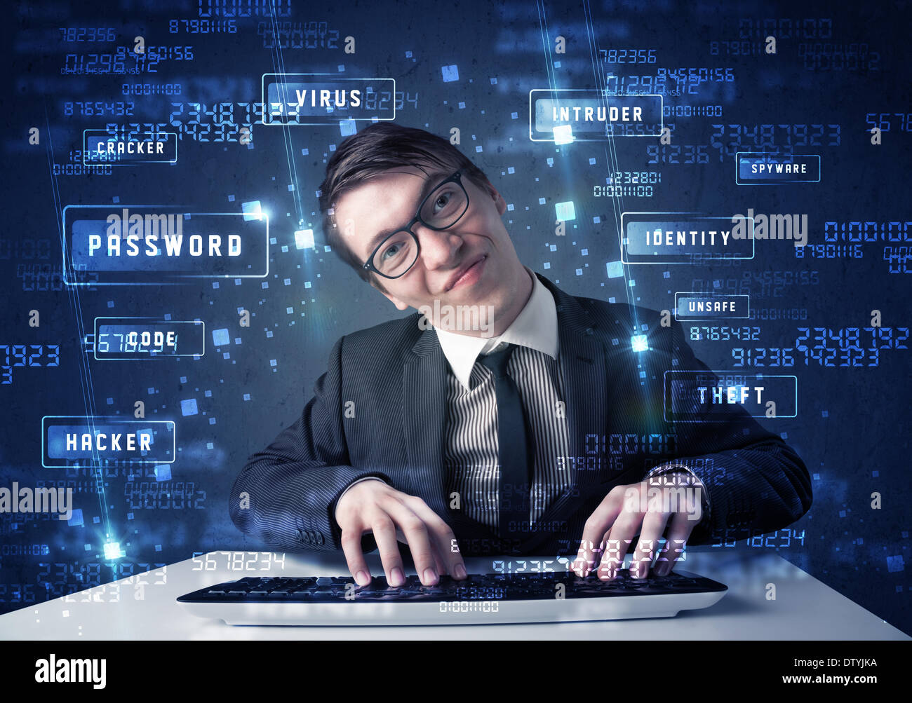 Hacker programing in technology enviroment with cyber icons Stock Photo ...