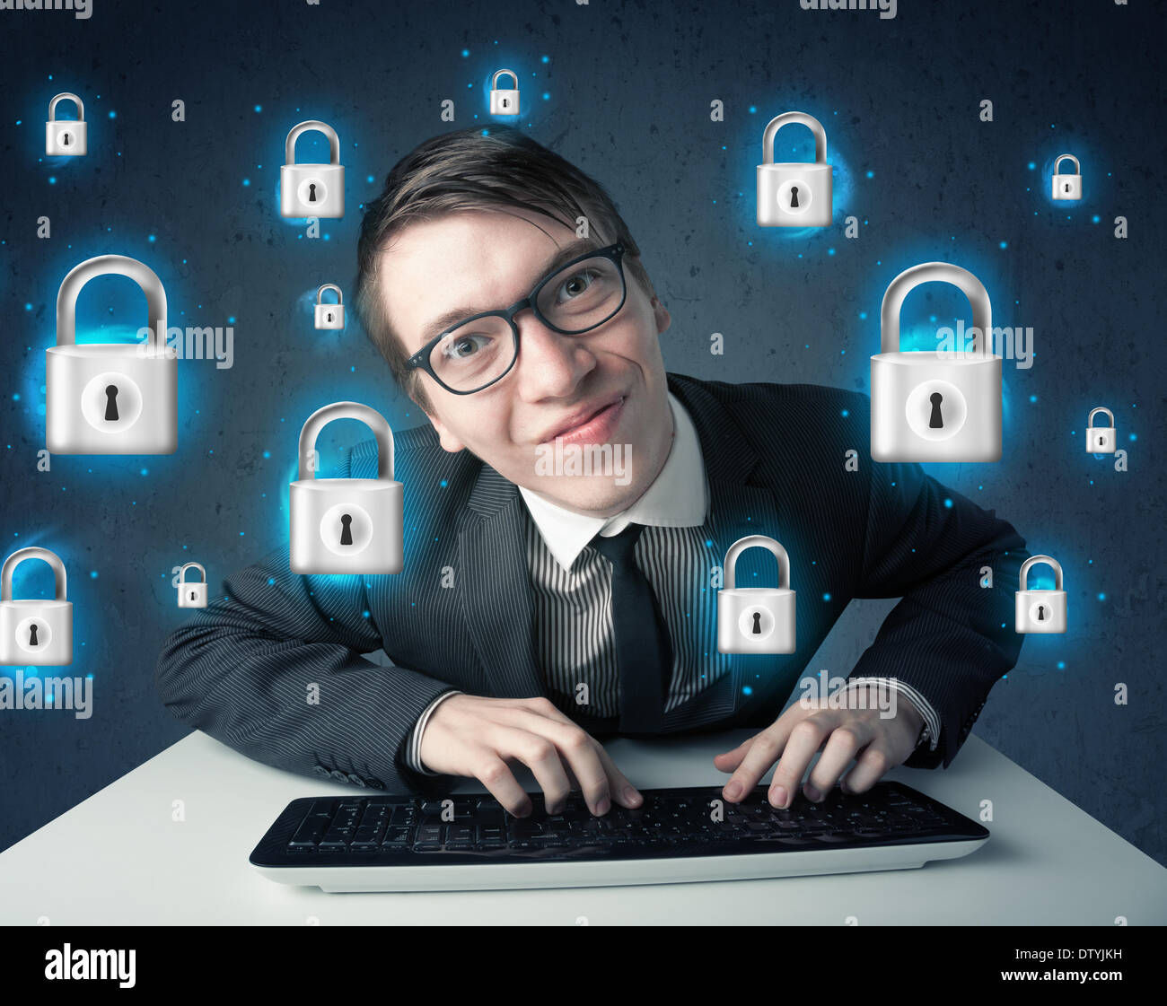 Young hacker with virtual lock symbols and icons Stock Photo - Alamy