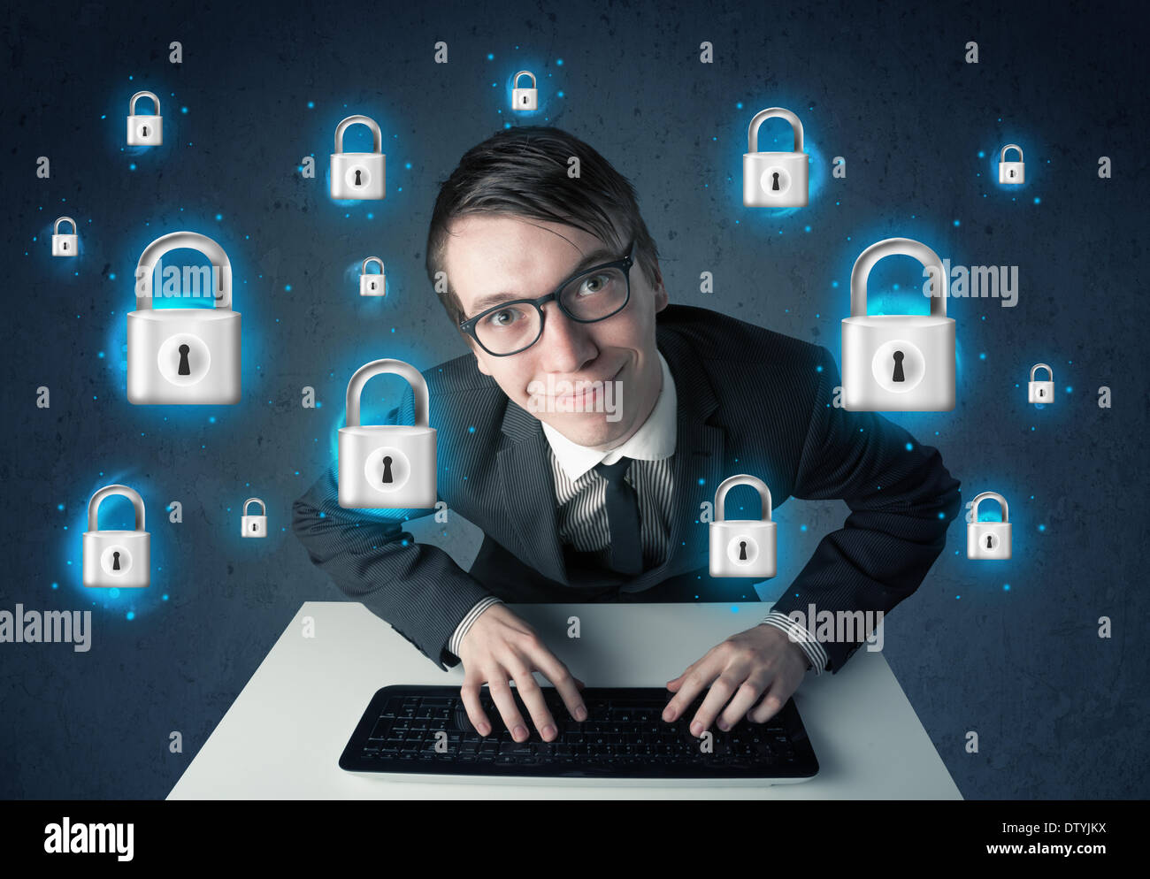 Young hacker with virtual lock symbols and icons Stock Photo - Alamy