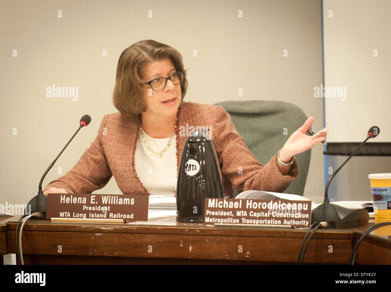 Manhattan, New York, USA. 24th Feb, 2014. MTA LIRR President HELENA WILLIAMS speaks at the ...