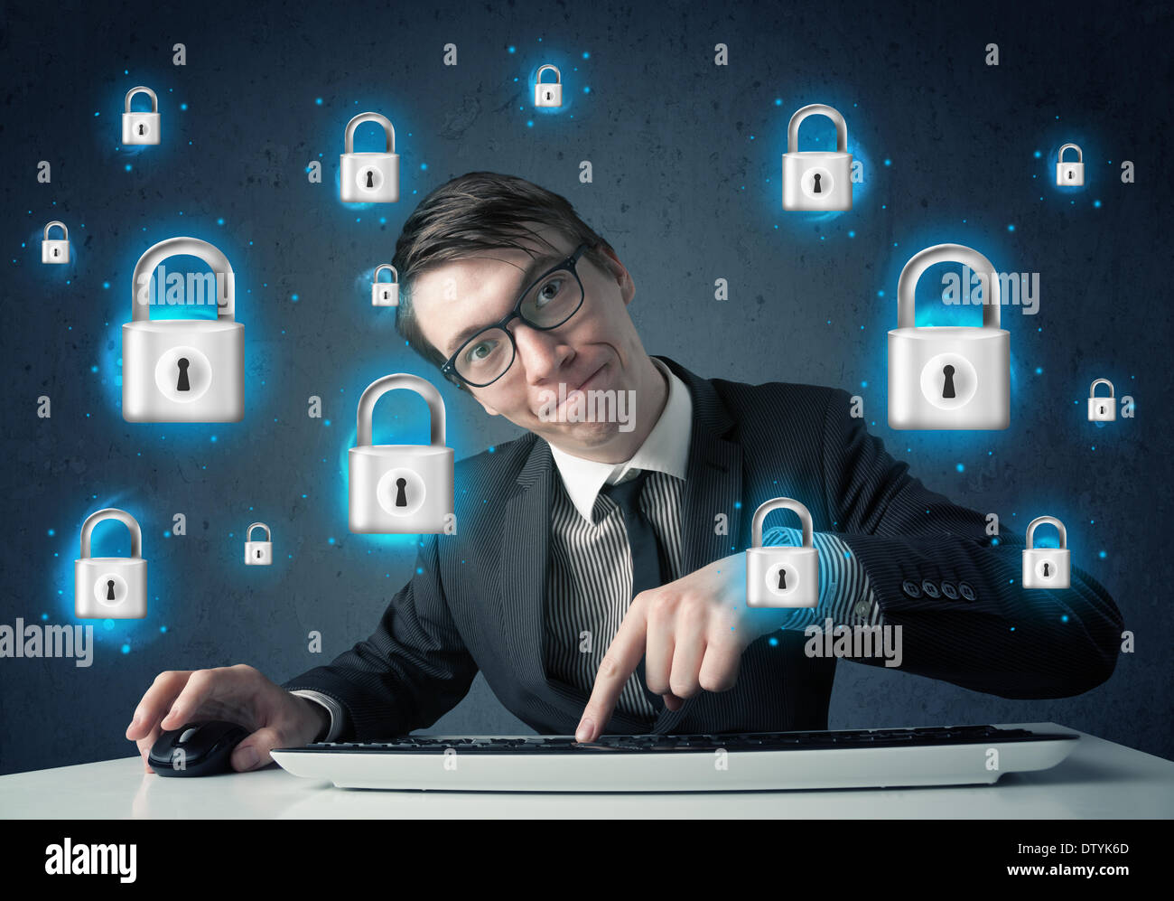 Young hacker with virtual lock symbols and icons Stock Photo - Alamy