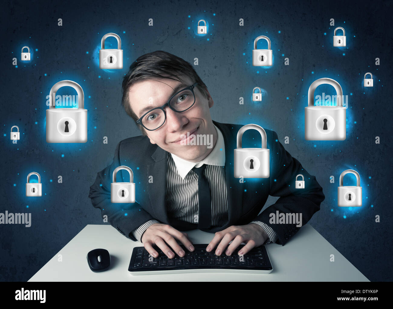 Young hacker with virtual lock symbols and icons Stock Photo - Alamy