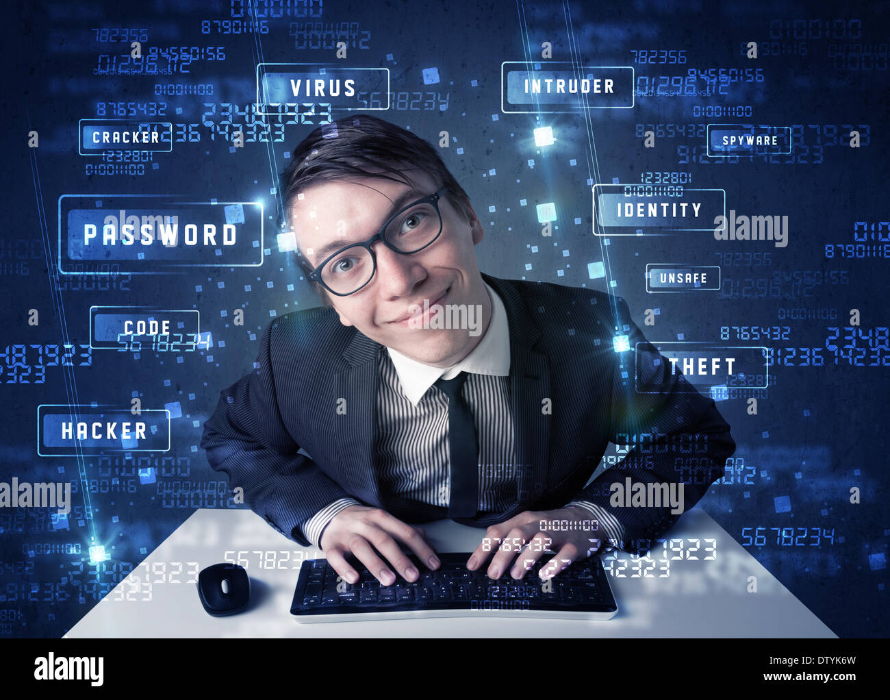 Hacker programing in technology enviroment with cyber icons Stock Photo ...