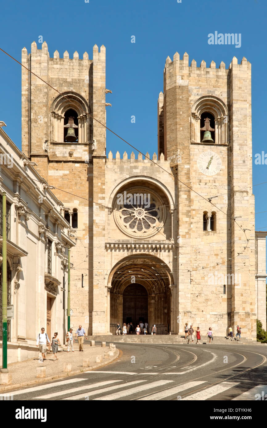 Façade of Sé Cathedral, with its sturdy Romanesque towers, is one of ...