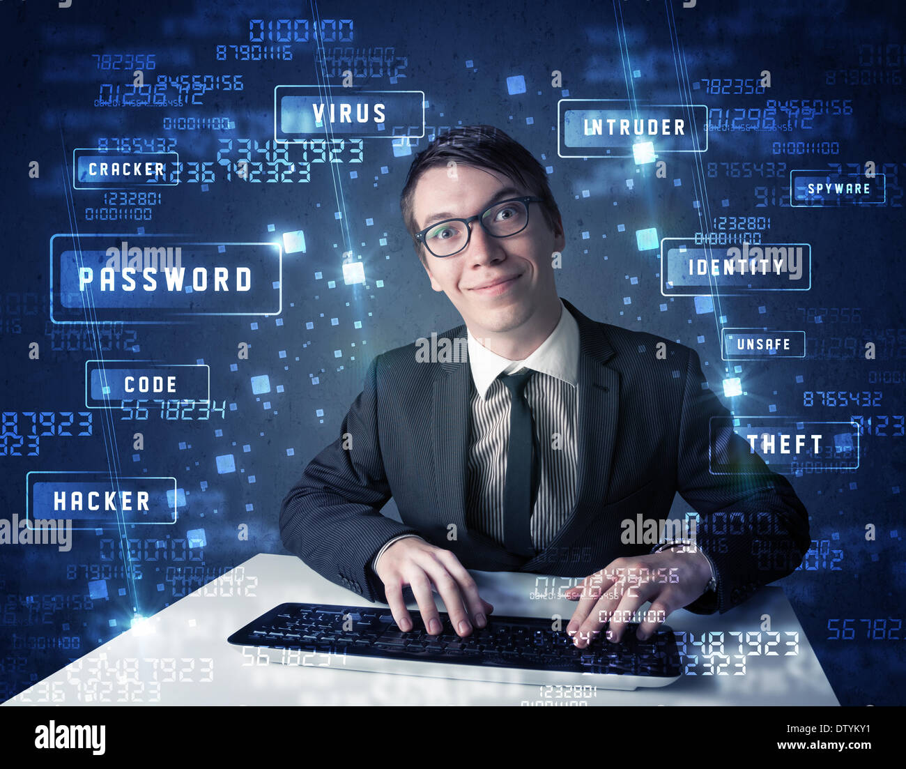 Hacker programing in technology enviroment with cyber icons Stock Photo - Alamy