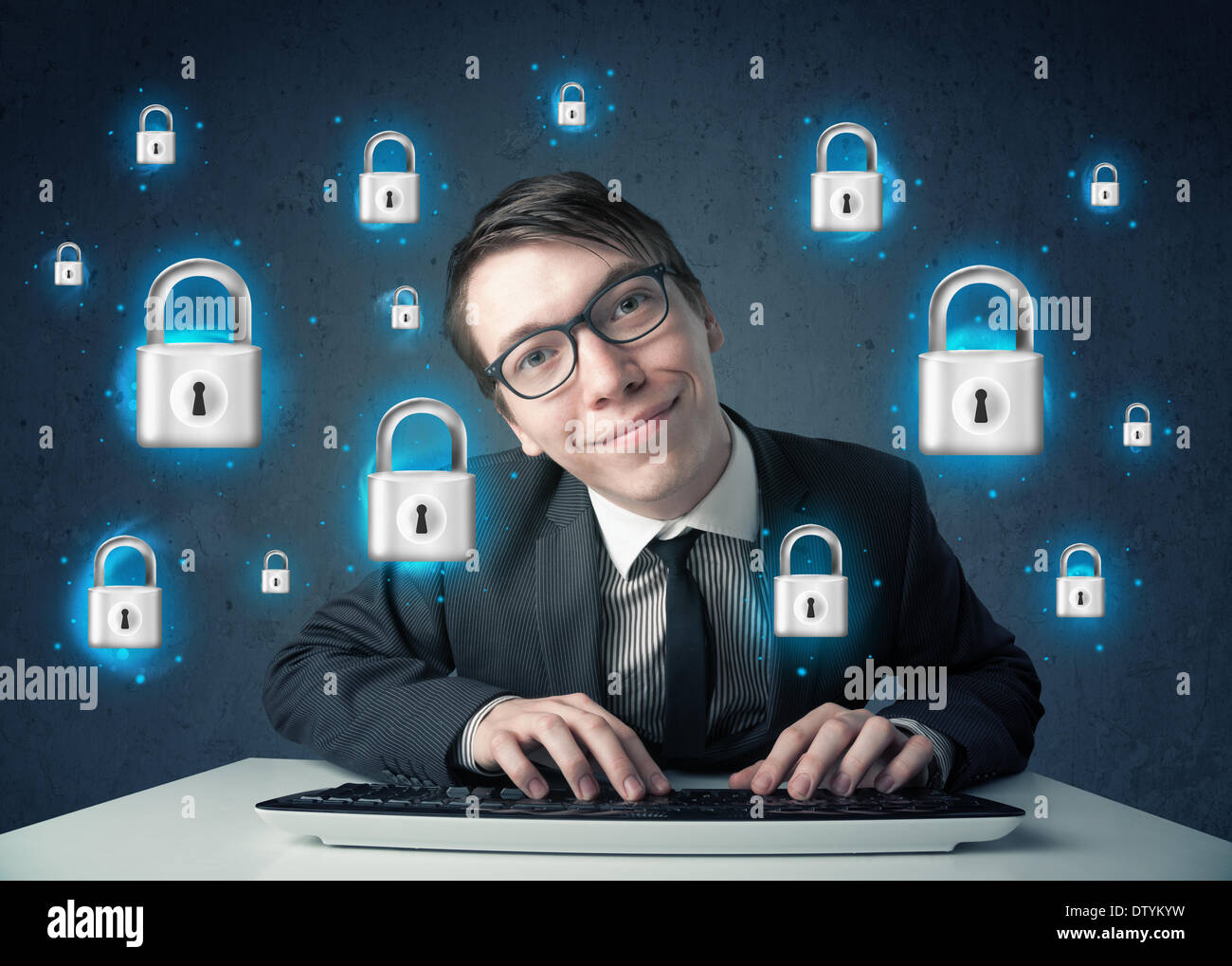 Young hacker with virtual lock symbols and icons Stock Photo - Alamy