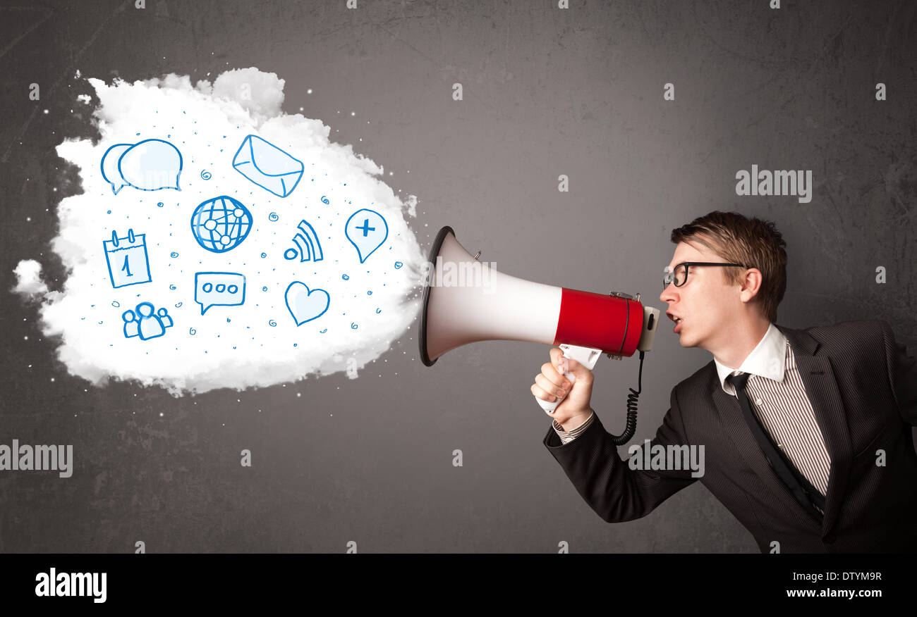 Man shouting into loudspeaker and modern blue icons and symbols come ...