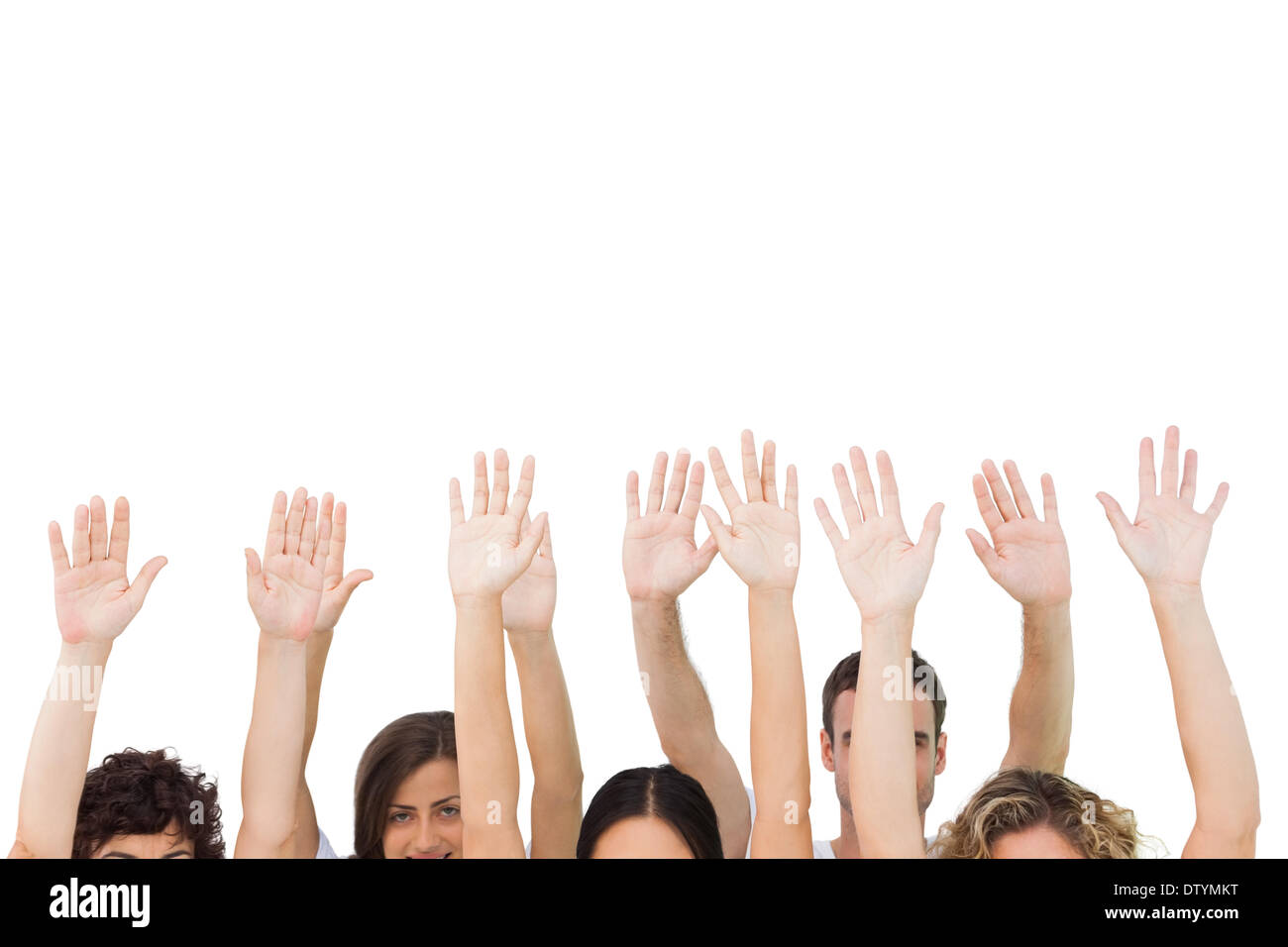 Group of people raising arms Stock Photo - Alamy