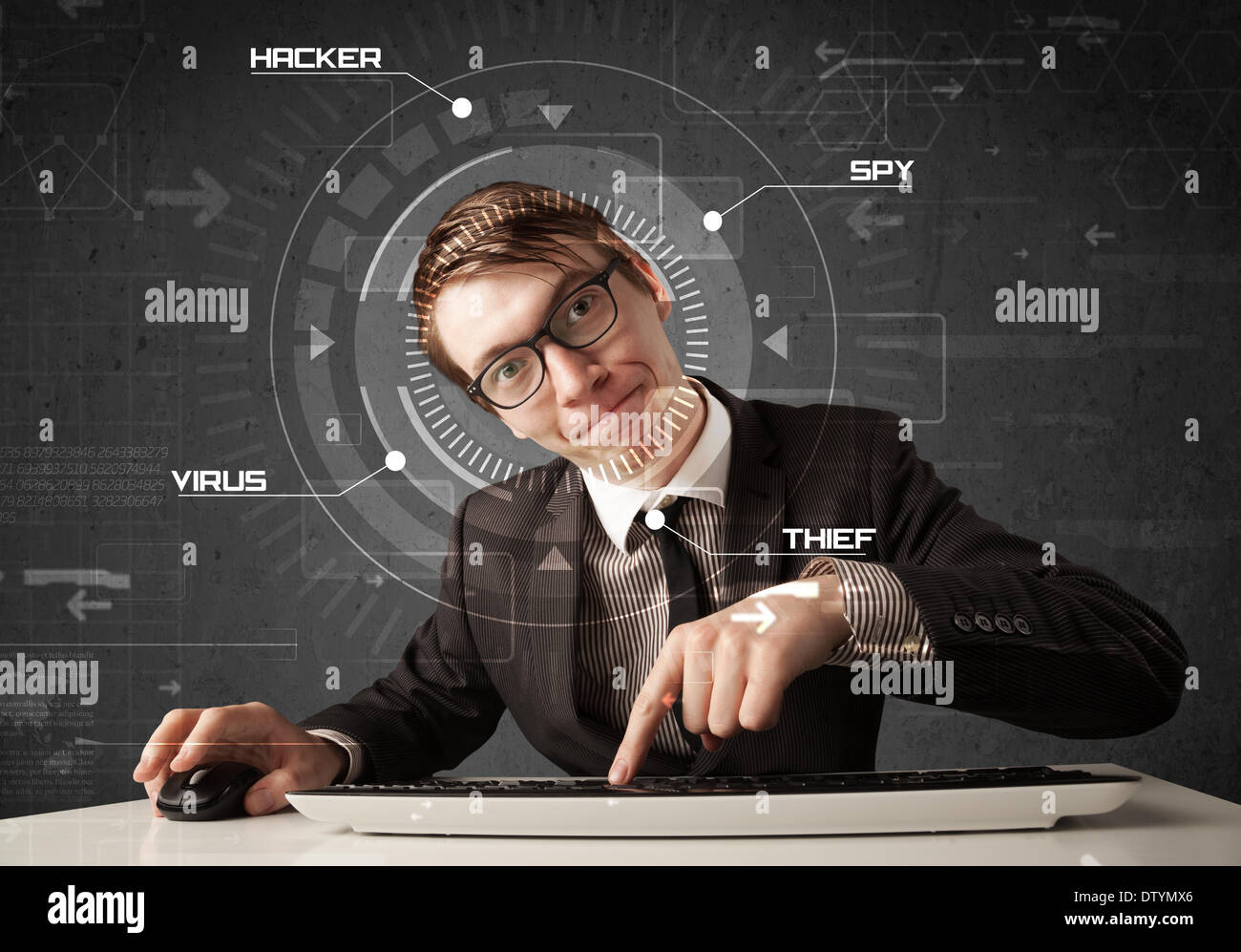 Young hacker in futuristic enviroment hacking personal information ...