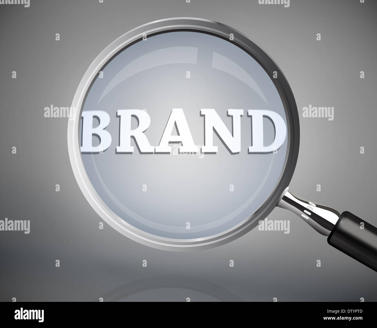 Magnifying glass showing brand word in white Stock Photo - Alamy