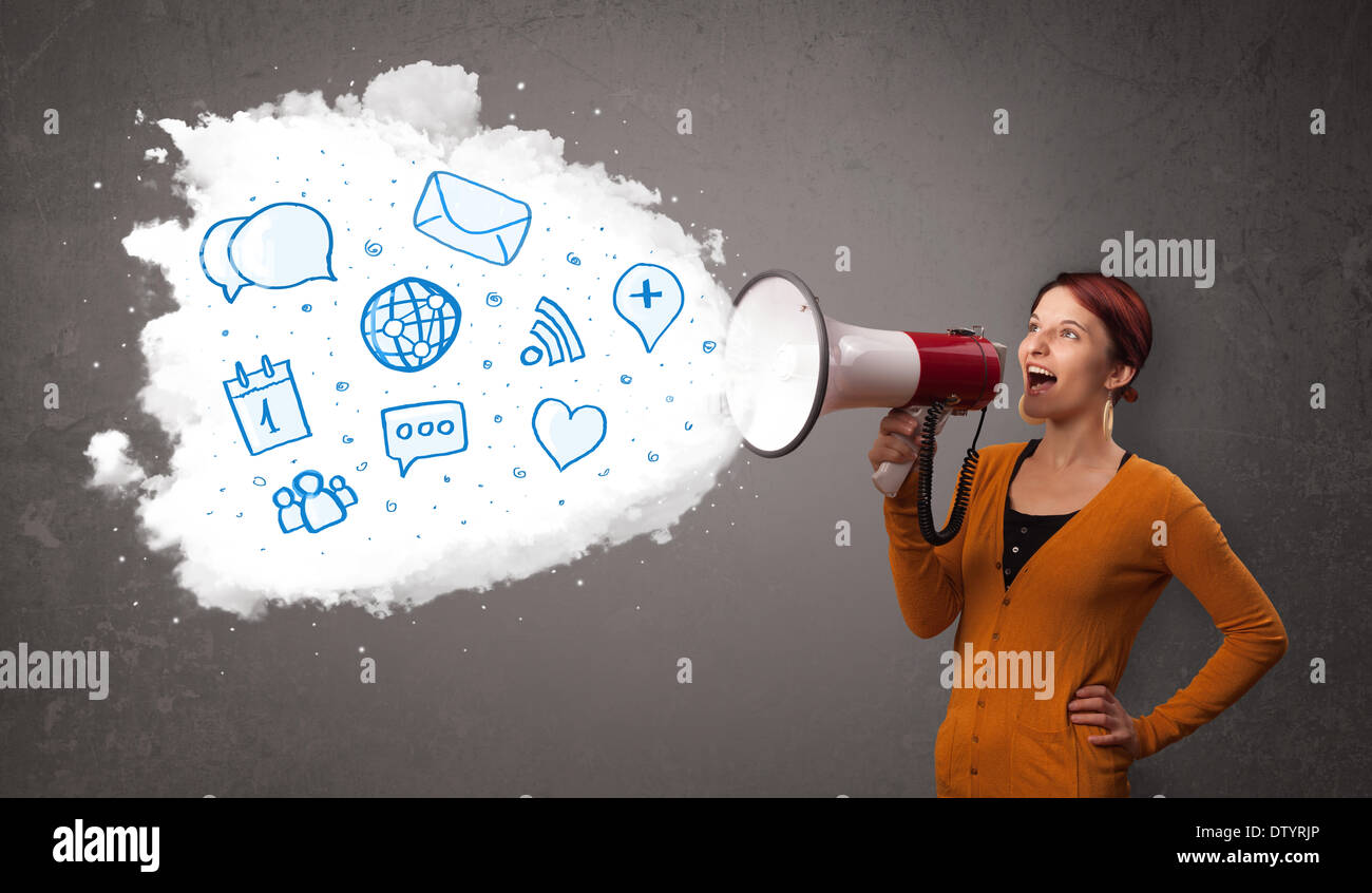 Woman shouting into loudspeaker and modern blue icons and symbols come ...