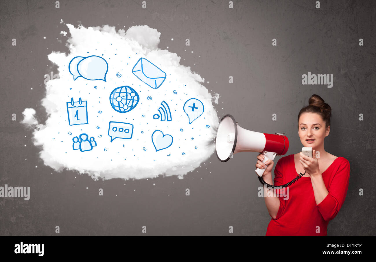 Woman shouting into loudspeaker and modern blue icons and symbols come ...