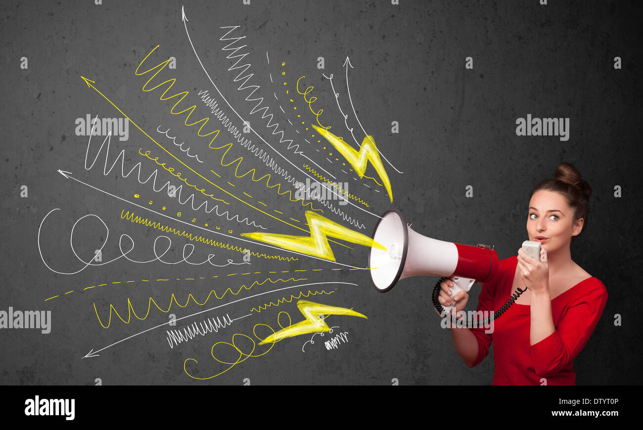 Cute girl shouting into megaphone with hand drawn lines and arrows ...