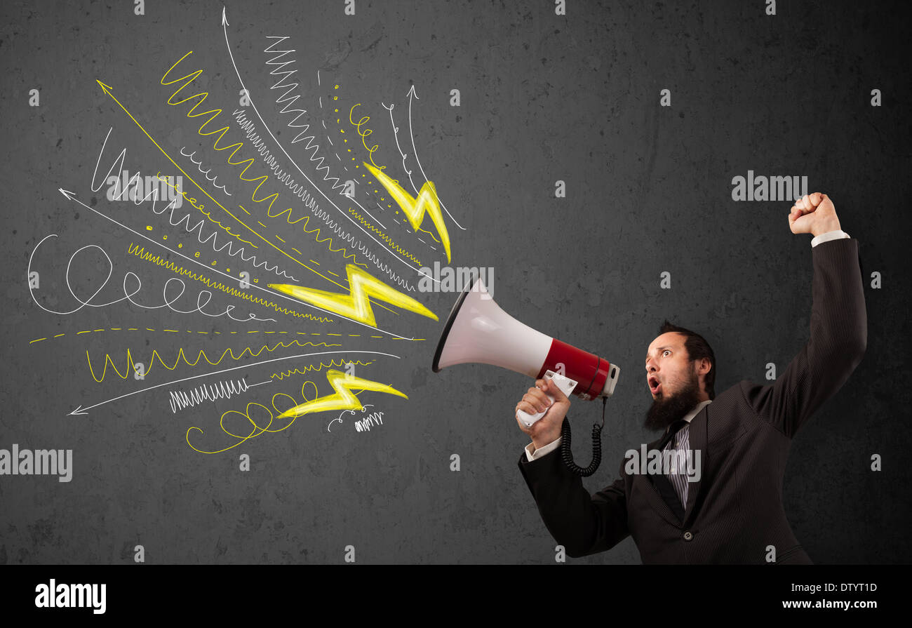 Leader guy shouting into megaphone with hand drawn lines and arrows ...